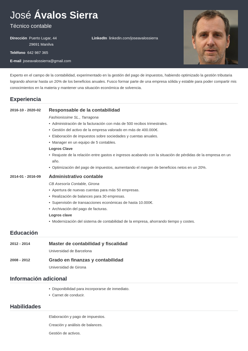 Modelo y Ejemplos de Currículum para Contable