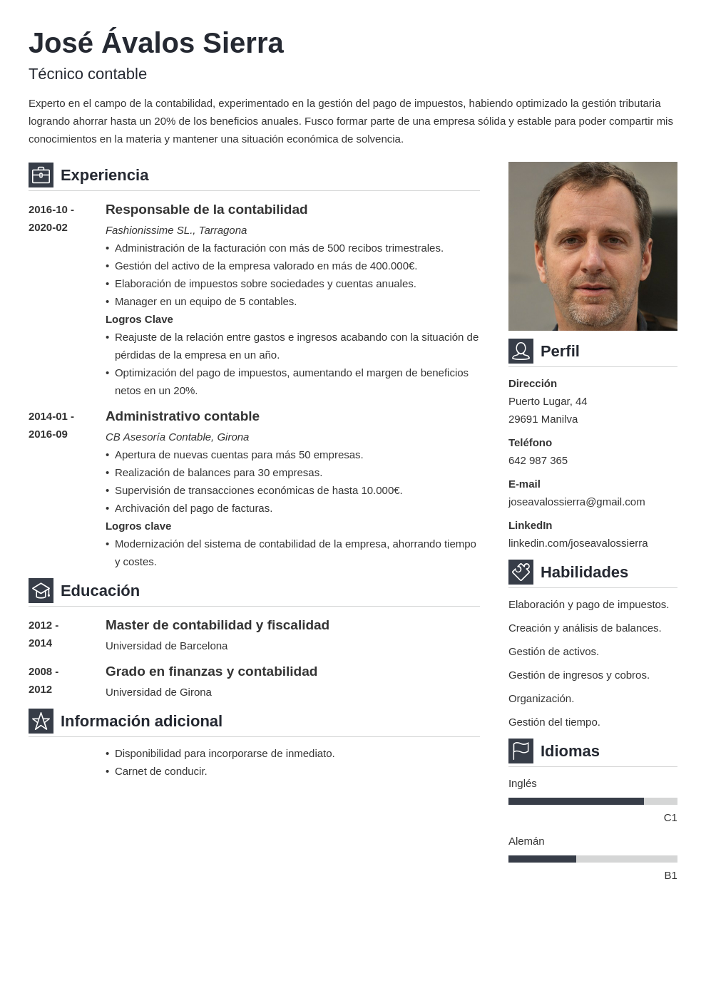 Modelo y Ejemplos de Currículum para Contable